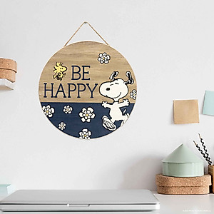 Open Road Brands Peanuts Snoopy Be Happy Round Hanging Wood Wall Decor - Fun Snoopy Sign for Home Decorating - Great Gift Idea