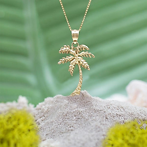 Honolulu Jewelry Company 14K Real Solid Yellow Gold Tropical Palm Tree Beach Necklace Pendant with 18" Box Chain