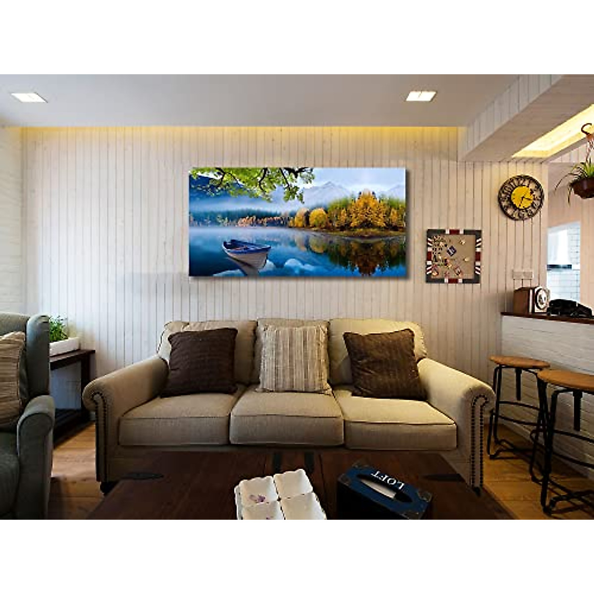 Arjun Lake Canvas Wall Art Blue Mountain Sky Nature Landscape Boat Picture Artwork Modern Spring Painting Framed Large for Living Room Bedroom Bathroom Dinning Room Home Office Wall Decor, 40"x20"