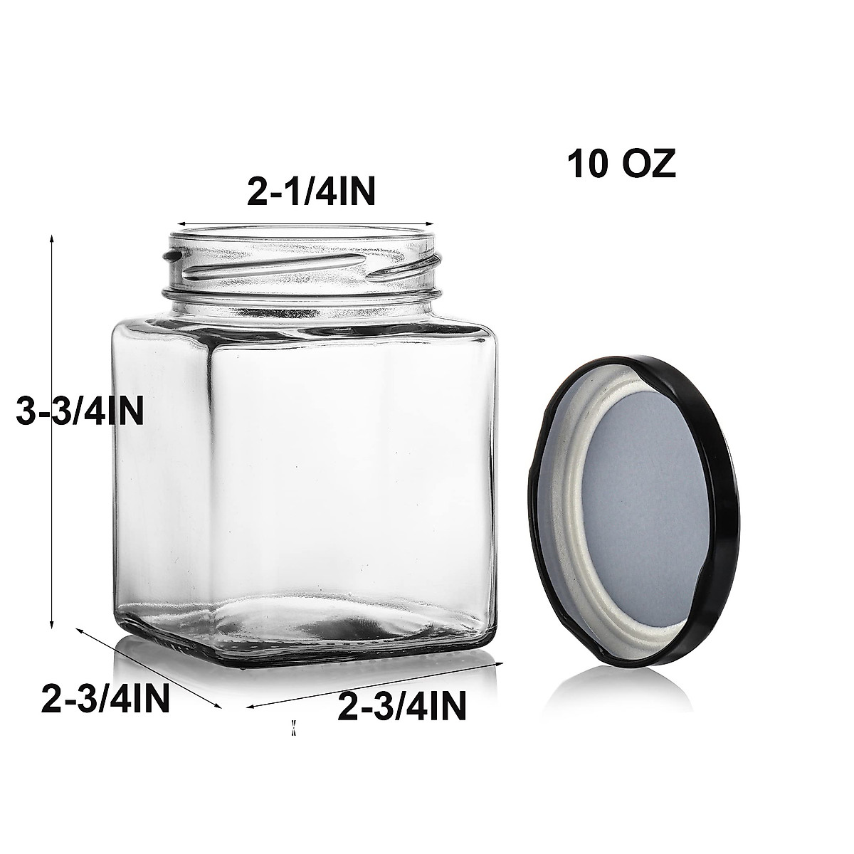 Jucoan 15 Pack Square Glass Jar with Black Airtight Lids, 10 oz Small Glass Mason Jar Canning Jars for Jam, Spices, Honey, Jelly, Baby Shower, Wedding Favor