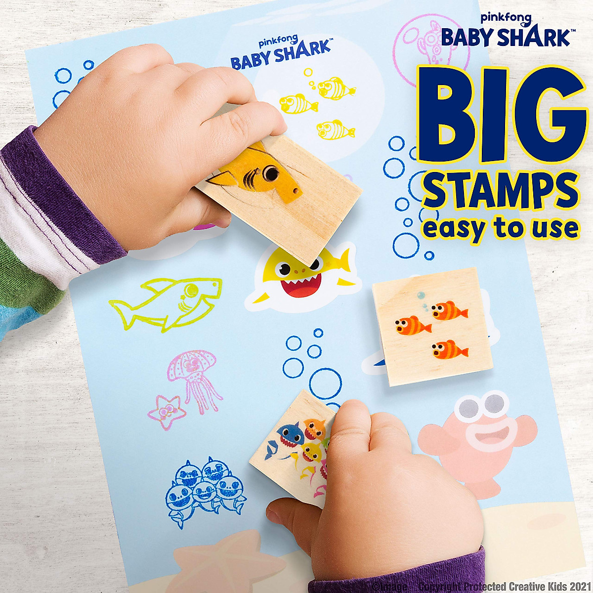 Creative Kids Baby Shark Stamp Set 36 Piece Wooden Stamps Set Includes Ink Pads, Stickers, Markers, Picture Frames - Montessori Wood Stamp Birthday Gift Set for Girls & Boys Toddlers Ages 3+