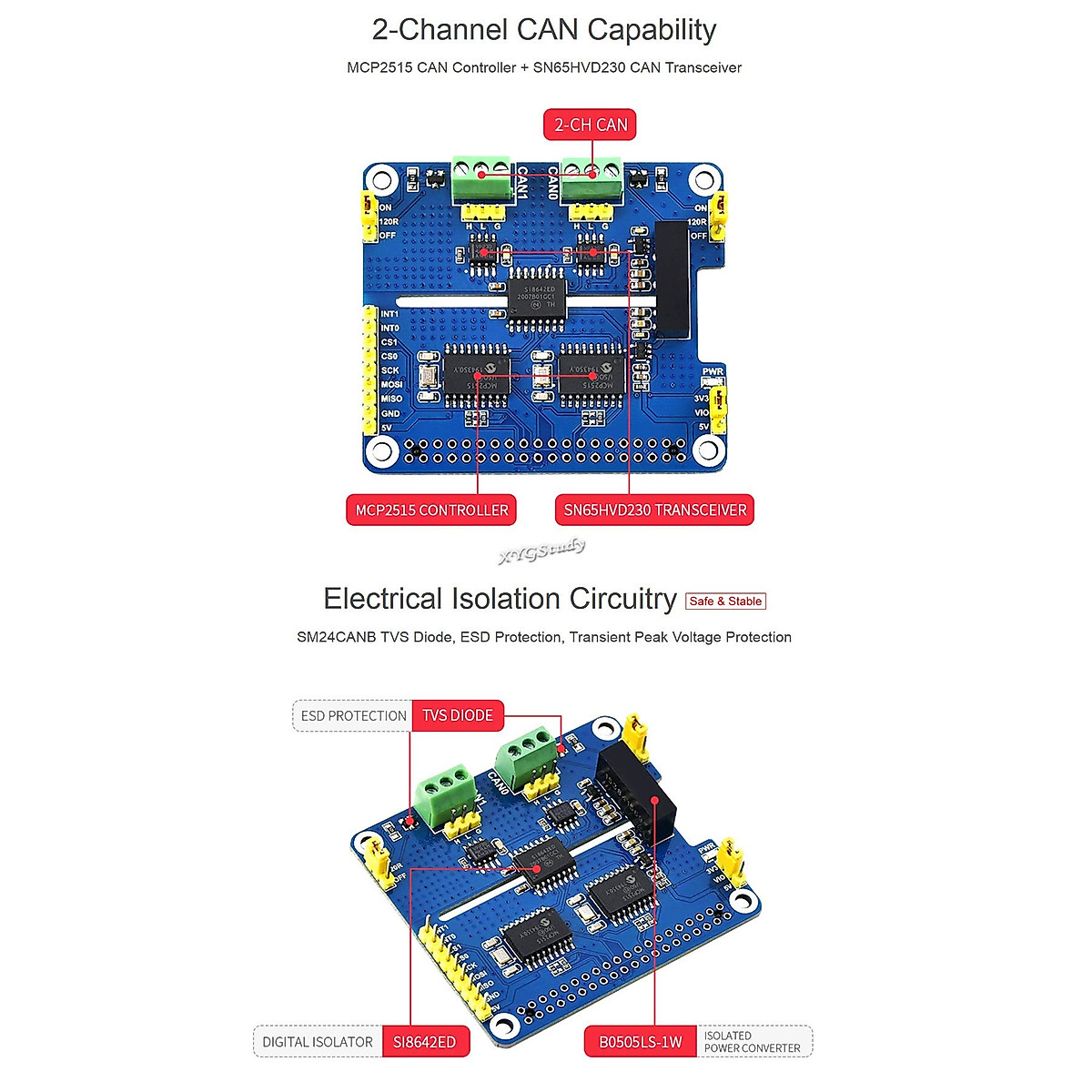 for Raspberry Pi 2-Channel Isolated CAN Bus Expansion HAT MCP2515 + SN65HVD230 Dual Chips Solution 3.3V/5V Breakout SPI STM32 with Multi Onboard Protection Circuits 2-CH @XYGStudy