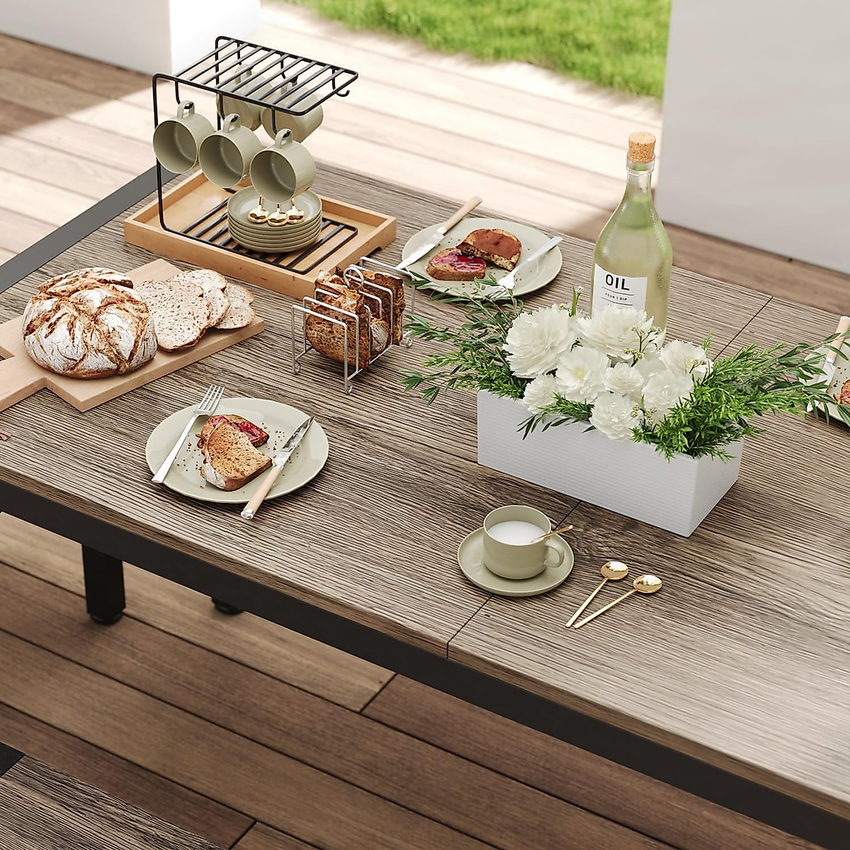 Gizoon 63" Dining Room Table Set for 6, Kitchen Table with 2 Benches and 2 Stools, Dining Table Set with Metal Frame, Space-Saving Kitchen Table Set for Apartment, Grey