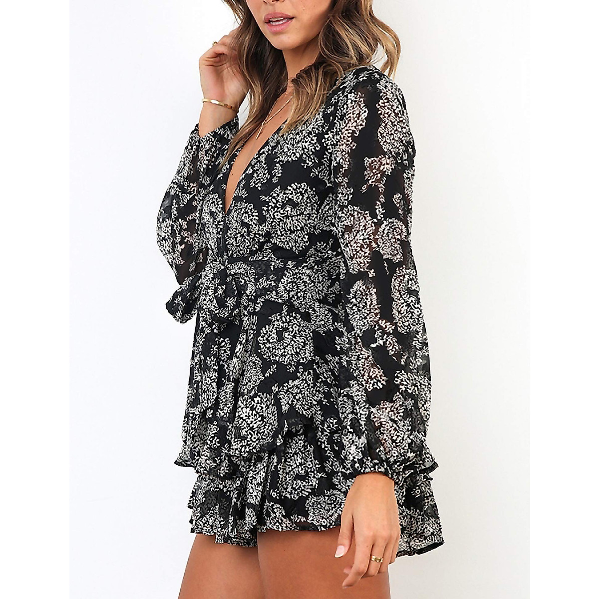 Relipop Women's Romper Floral Print V Neck Baggy Sleeve Waist Tie Layered Ruffle Hem Short Casual Summer Rompers Jumpsuits