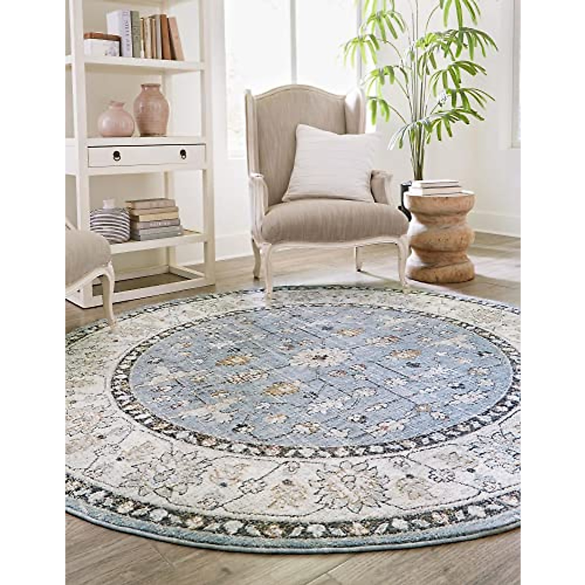 Rugs.com Eco Traditional Collection Rug – 7 Ft Round Harbor Blue Medium Rug Perfect for Kitchens, Dining Rooms