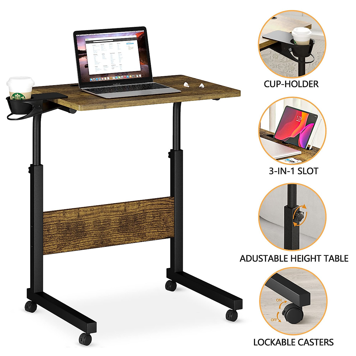 Klvied Mobile Standing Desk, Rolling Desk with Cup Holder, Portable Laptop CouchTable, Small Computer Desk, Bedside Table, Mobile Laptop Stand, Work Desk for Home Office, Walnut