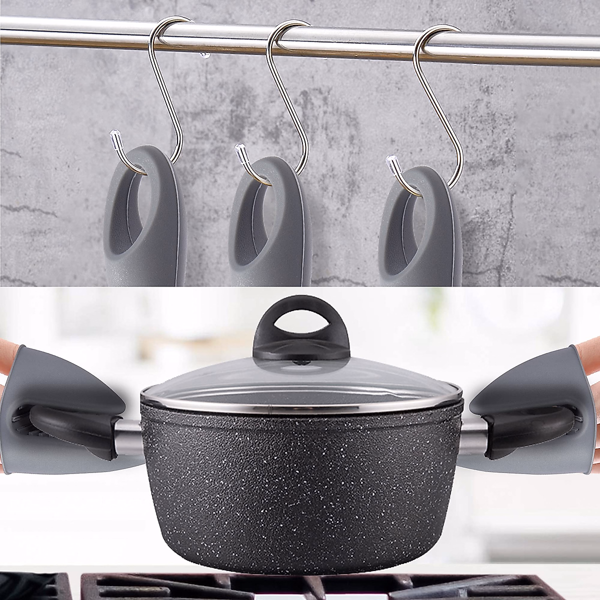 Fashionwu Silicone Cooking Utensil Set, 13 Pcs Nonstick Heat Resistant Silicone Cookware Set with Storage Bucket, Stainless Steel Handle Kitchen Utensil Set, Gray