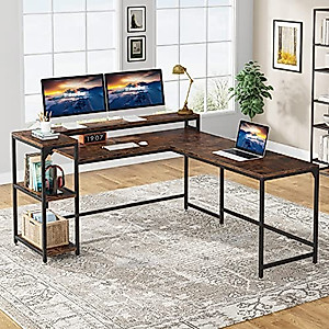 Tribesigns L Shaped Desk with Monitor Stand and Storage Shelves, Farmhouse Corner Computer Desk with Hutch, Crafting Gaming Table for Home Office, Rustic Style