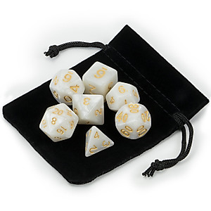 Wiz Dice 7 Die Polyhedral Dice Set - Forbidden Treasure (White Pearl) with Velvet Pouch