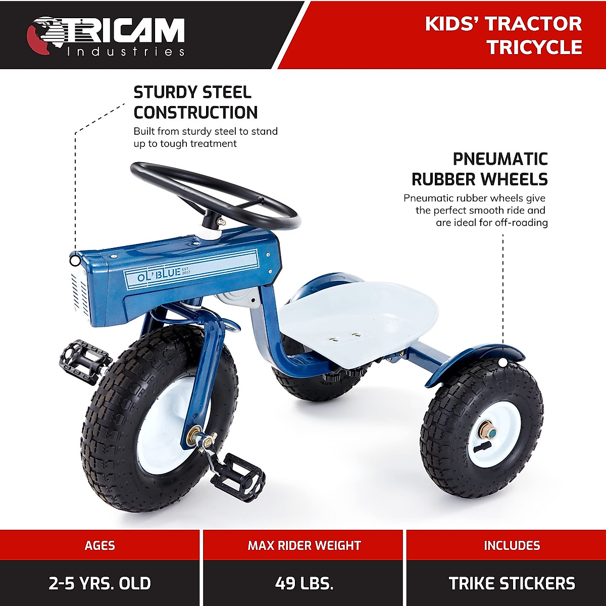 Tricam Ol' Blue Tractor Tricycle, 22 Inch Steel Toddler Bike Kids Ride On Toy with Pedals, 3 Position Adjustable Seat, & Pneumatic Rubber Wheels, Blue