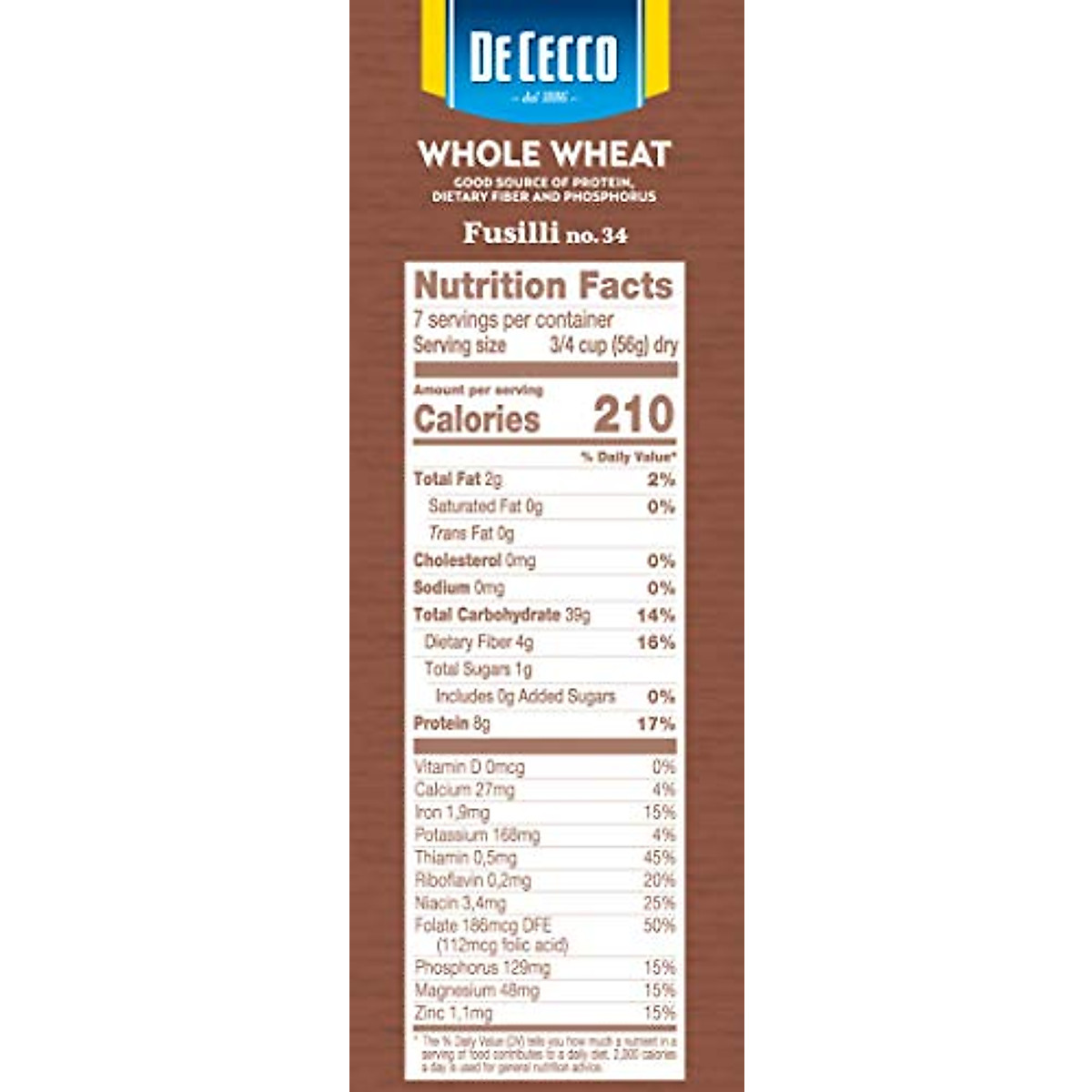 De Cecco Pasta Fusilli Whole Wheat Pasta, 13.25 oz