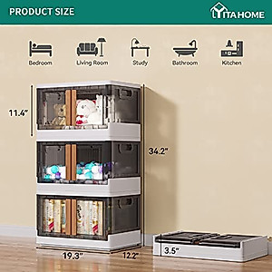 YITAHOME Storage Cabinet, Foldable Storage Bins with Clear Double Door, 8.4 Gal Storage Containers Stackable Storage Box for Groceries, Toys, Books (3 Packs, White)