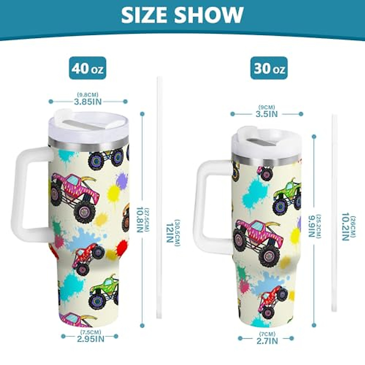 ODAWA 40oz Travel Coffee Tumbler with Straw and Handle, Colorful Monster Trucks Double Wall Insulated Tumbler
