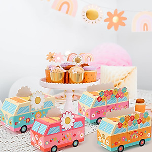 ANGOLIO 12Pcs Groovy Party Favor Boxes Groovy Hippie Peace Bus Centerpiece Birthday Party Decorations Peace Signs Daisies Rainbows For Baby Girls Kids Boho Hippie Birthday Party Supplies