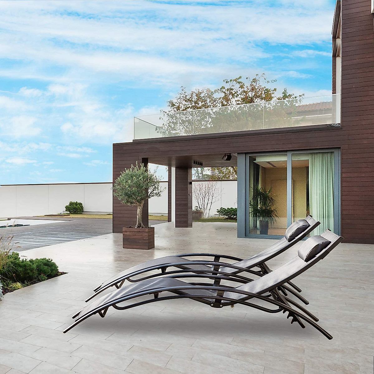 SUMETURE Outdoor Patio Lounge Chair Set of 2,Adjustable Chaise with Pillow,Lounge Chairs with 4 Adjustable Backrest Positions for Poolside,Garden,Balcony(Grey)