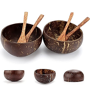 SUYOOULIN Coconut Bowls, Spoon and Fork Sets, Perfect for Smoothie Bowls, Acai Bowls, Buddha Bowls. Wooden Bowl Set Made From Coconut Shells, Dessert Bowls for Family, 6 Sets