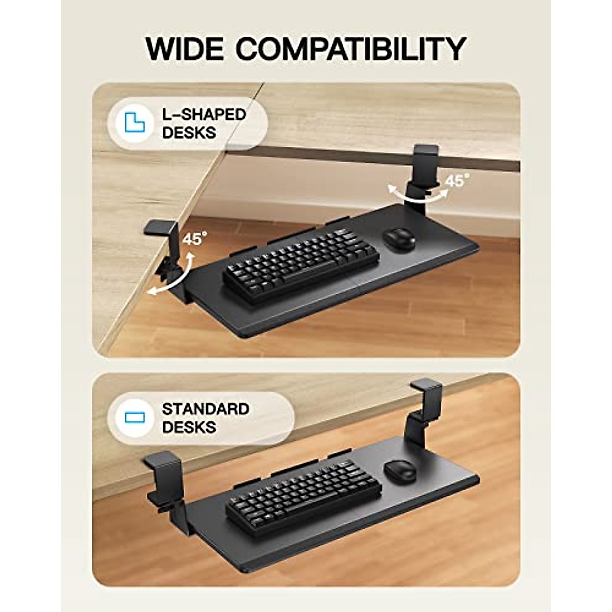 HUANUO Keyboard Tray Under Desk, Ergonomic Corner Keyboard Tray with 45° Adjustable C Clamp for L Shaped Desk, Slide Out Computer Keyboard & Mouse Tray, 27.28" W x 11.85" D, Black