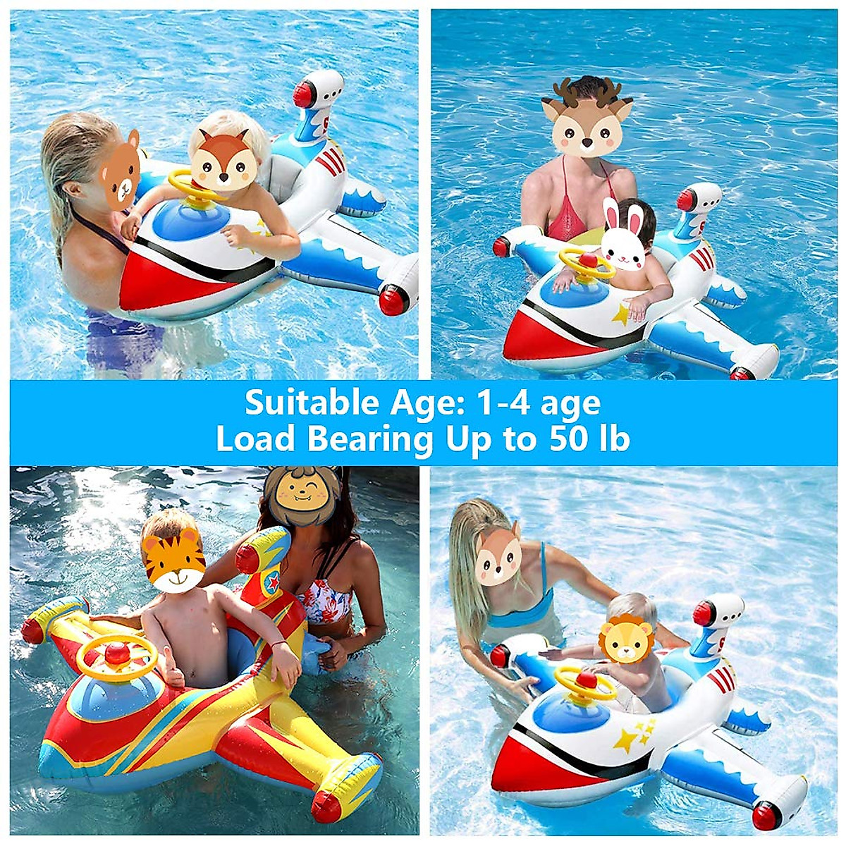 Baby Inflatable Pool Float Swimming Float Boat with Steering Wheel Horn for Kids Toddlers Age 1-4 Boys Girls Inflatable Ride-ons Summer Pool Swim Ring Beach Supplies