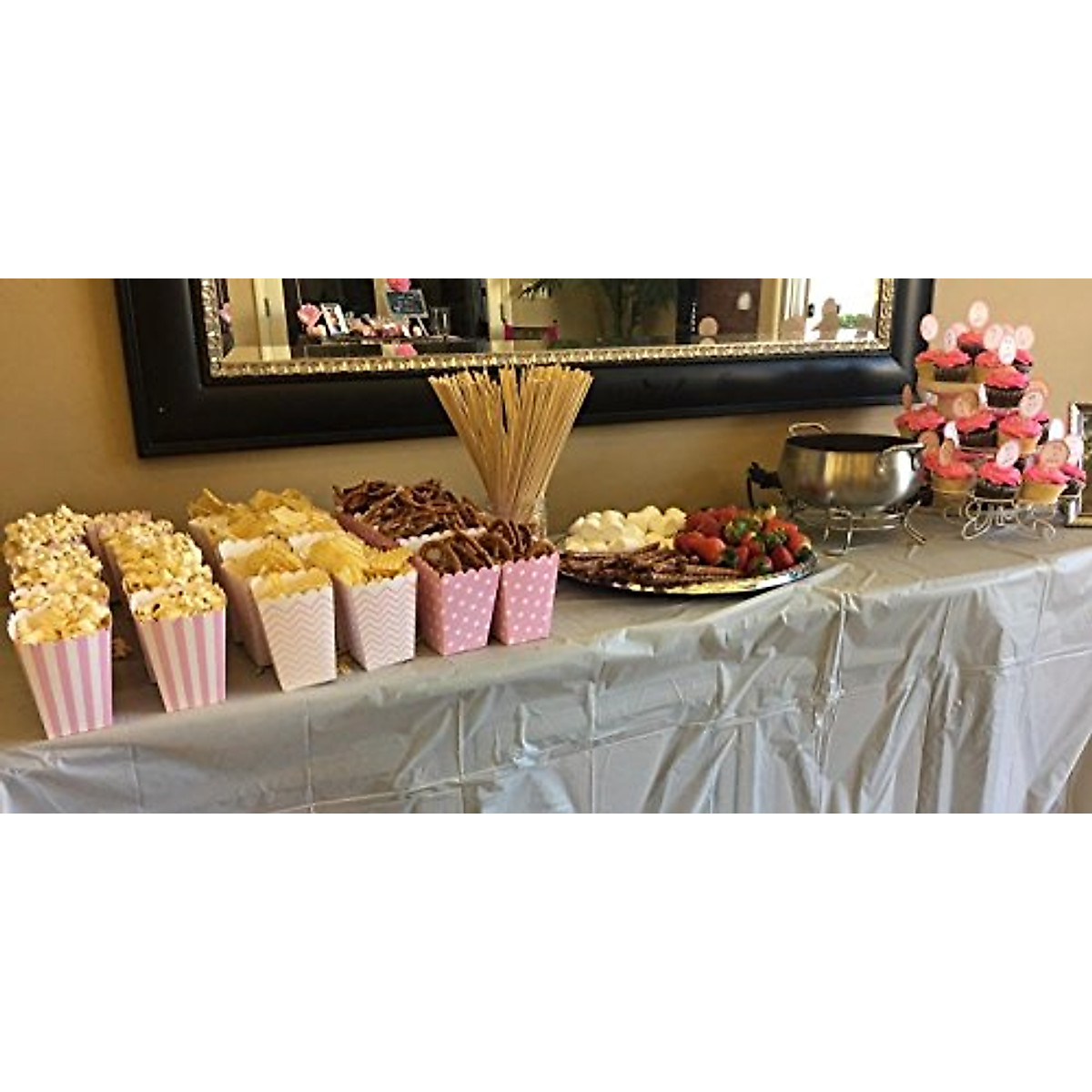 NUIBY Popcorn Boxes, Pink Trio (36 Pack) Polka Dot, Chevron, Stripe Treat Boxes - Small Movie Theater Popcorn Paper Bags for Dessert Tables & Wedding Favors