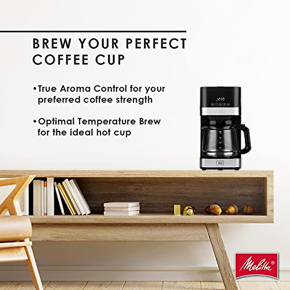 Melitta Aroma Tocco Glass Drip Coffee Maker | Programmable Coffee Machine | Glass Carafe Coffee Pot | 10 Cup Coffee Maker | Glass Touch Control Panel | Stainless Steel accented Coffee Maker