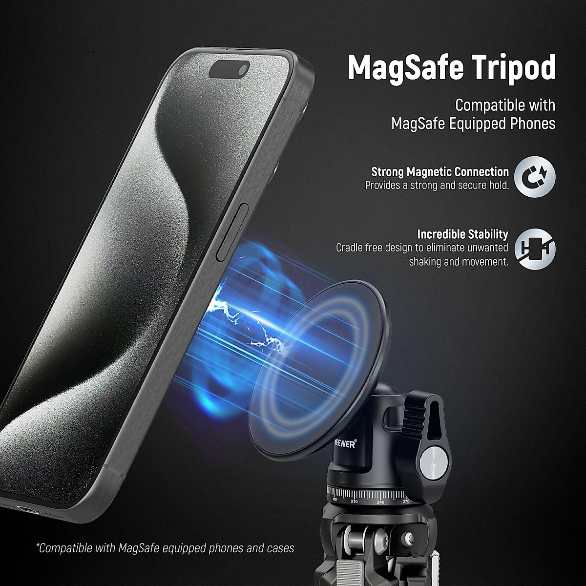 NEEWER Magnetic Desk Phone Tripod Set Compatible with MagSafe iPhone 16 15 Pro Max Plus 14 13 12 Series, Single Hand Grip Selfie Stick Metal Tabletop Mini Tripod with Ball Head, PA010+TP29