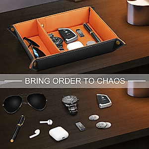 SITHON Valet Tray Desktop Storage Organizer – Removable 2 Compartments Catchall Tray Bedside Vanity Tray Nightstand Caddy Holder Desk Storage Plate, Orange