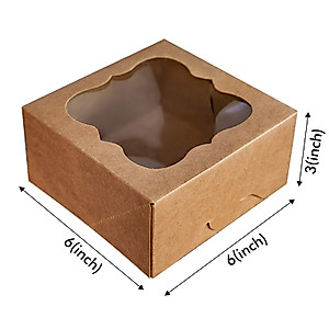 ONE MORE 6"x6"x3"Brown Bakery Boxes with pvc Window for Pie and Cookies Boxes Small Natural Kraft Paper Box 6x6x3inch,Pack of 15
