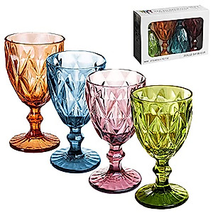 Vintage Wine Glasses Set of 4, Plastic Reusable 12 Ounce Colored Water Goblets, Unique Embossed Pattern Unbreakable Stemmed Wine Glasses, High Clear Wedding Party Bar Drinking Cups Multicolor