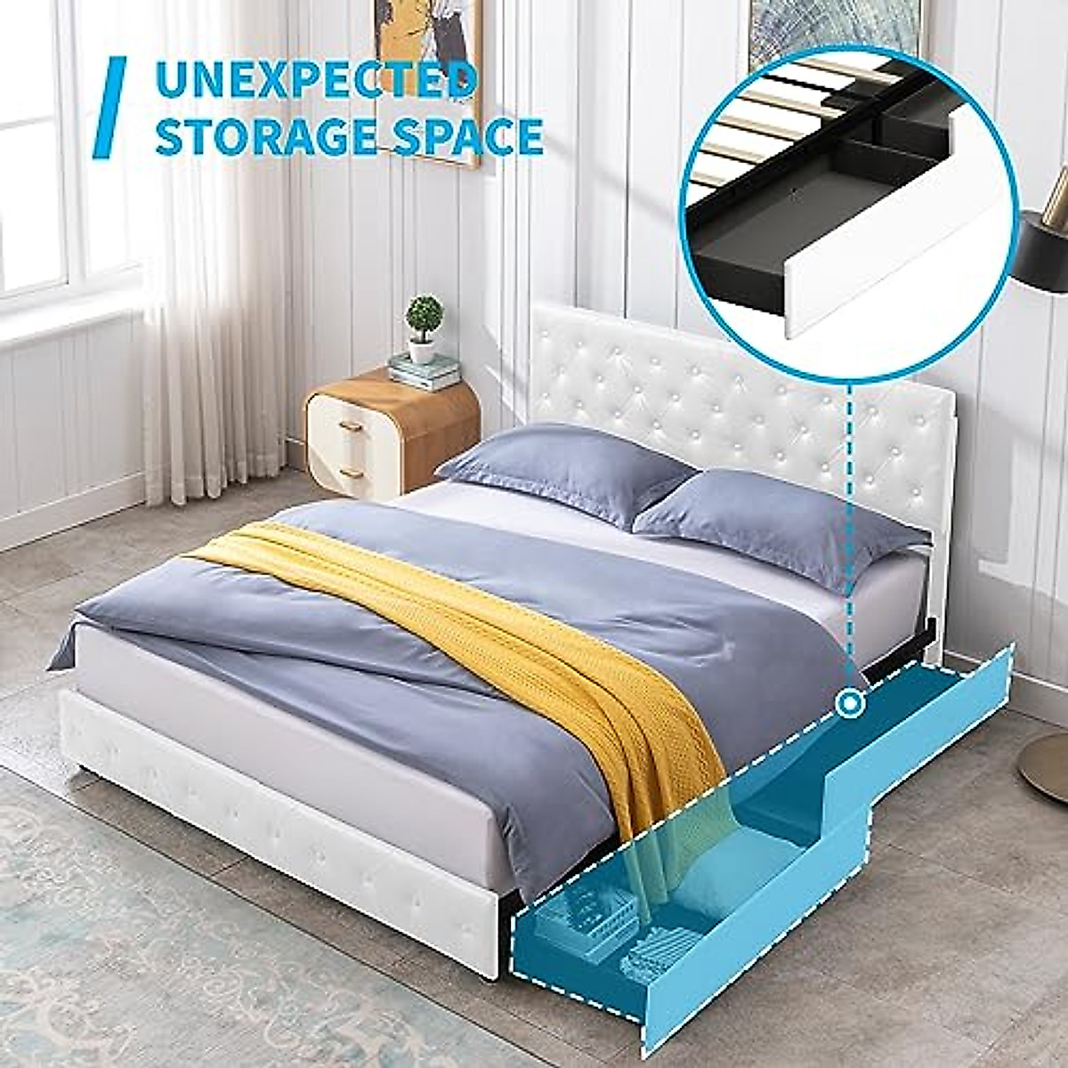 Mjkone Upholstered California King Platform Bed Frame with 4 Storage Drawers, PU Leather Modern Bed Frame with Adjustable Headboard, Button Tufted Design/No Box Spring Needed/Easy Assembly (White)
