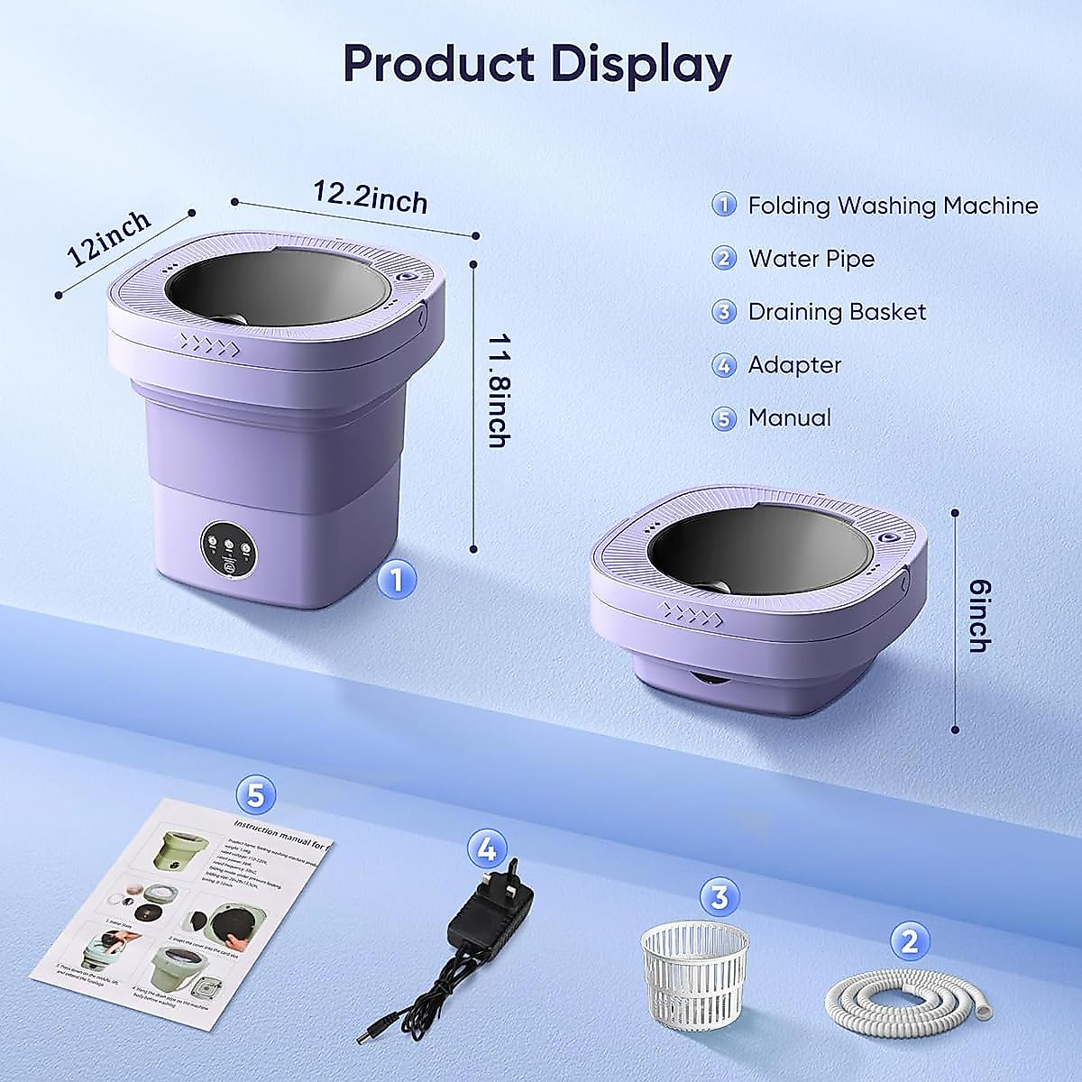 Portable Washing Machine, 11L Capacity Mini Foldable Washer with Drain Basket, 2-in-1 Laundry Machine for B-aby Clothes, Underwear, Apartment, Camping, RV, Travel