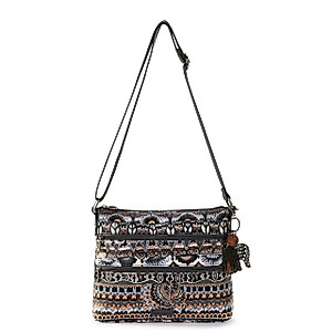 Sakroots Artist Circle Basic Crossbody Bag in Canvas, Multifunctional Purse, Grey One World