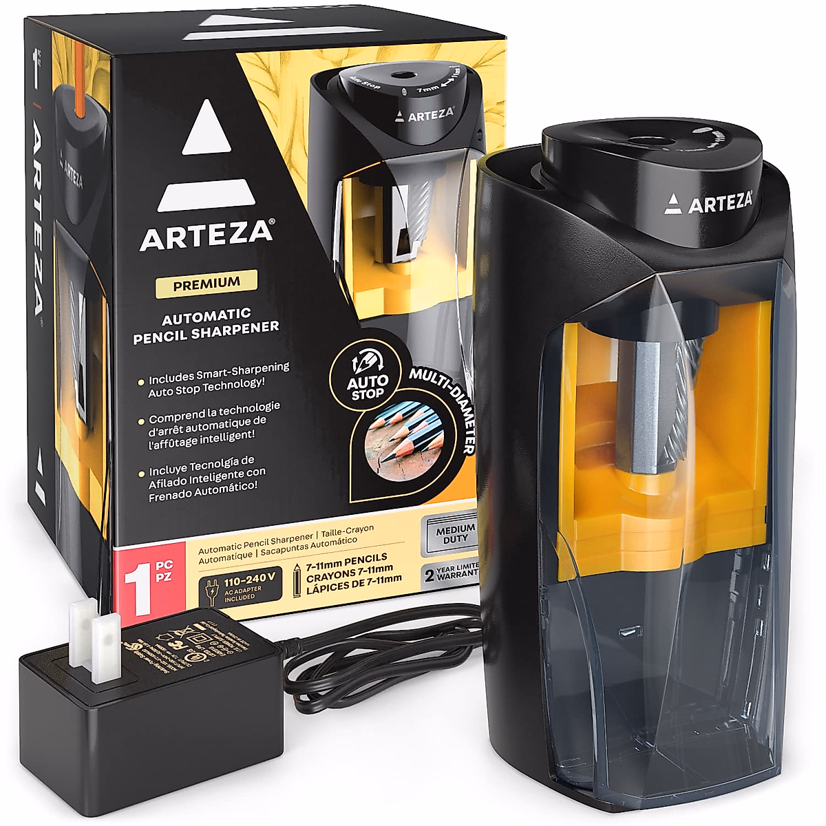 Arteza Electric Pencil Sharpener, Black, Fits 7–11-mm Pencils, Auto-Stop, Office Supplies for Teachers, Students, Classrooms, and Art Studios
