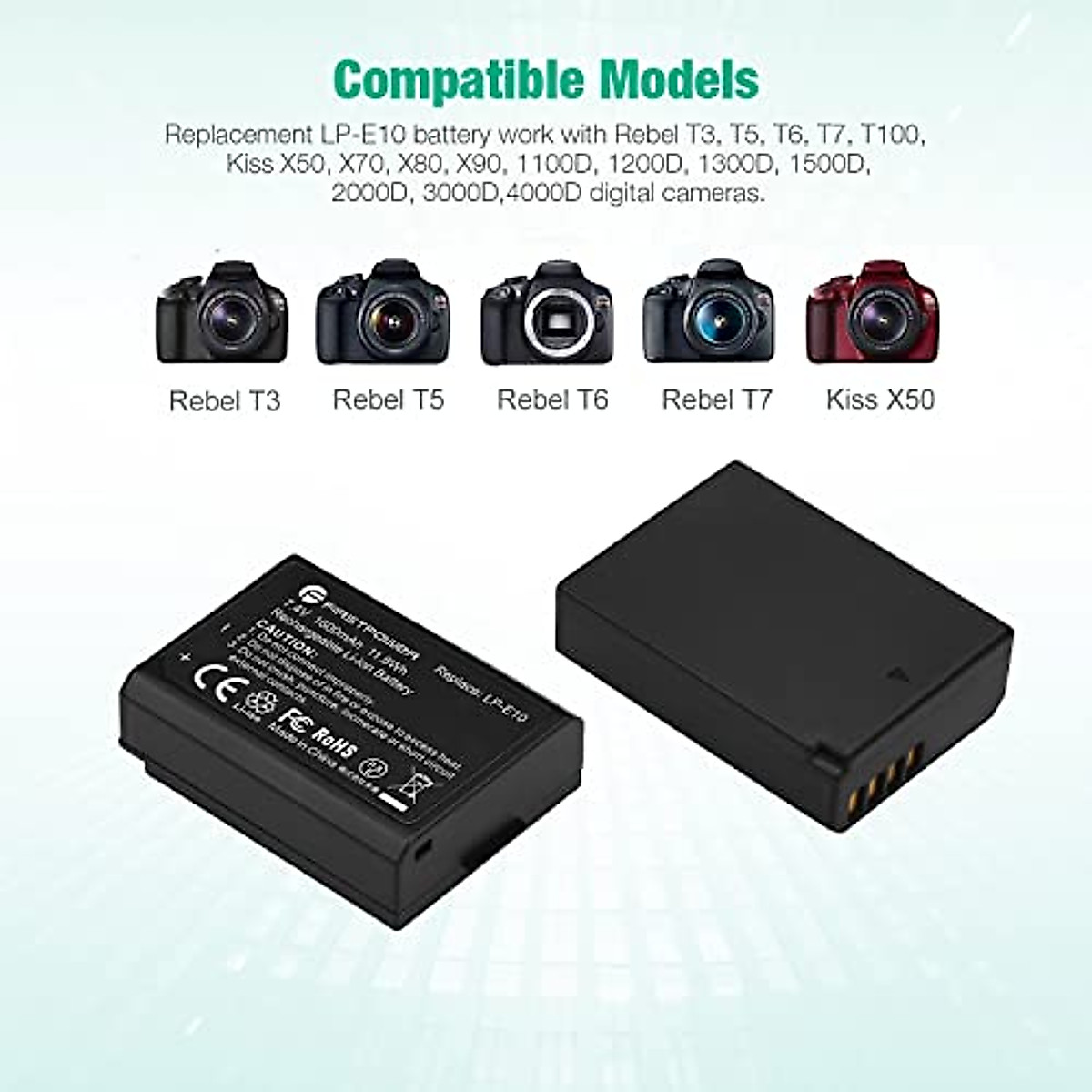 FirstPower Replacement LP-E10 Batteries Compatible with Canon EOS Rebel T3, T5, T6, T7, T100, Kiss X50, Kiss X70, 1100D, 1200D, 1300D, 2000D Cameras (2-Pack 1600mAh)