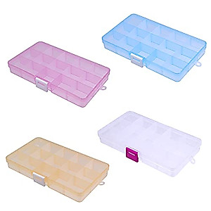 EDOBLUE 4 Pack Multicolor Plastic Jewelry Organizer Box - 15 Grids Plastic Storage Containers with Removable Dividers for Art and Crafts