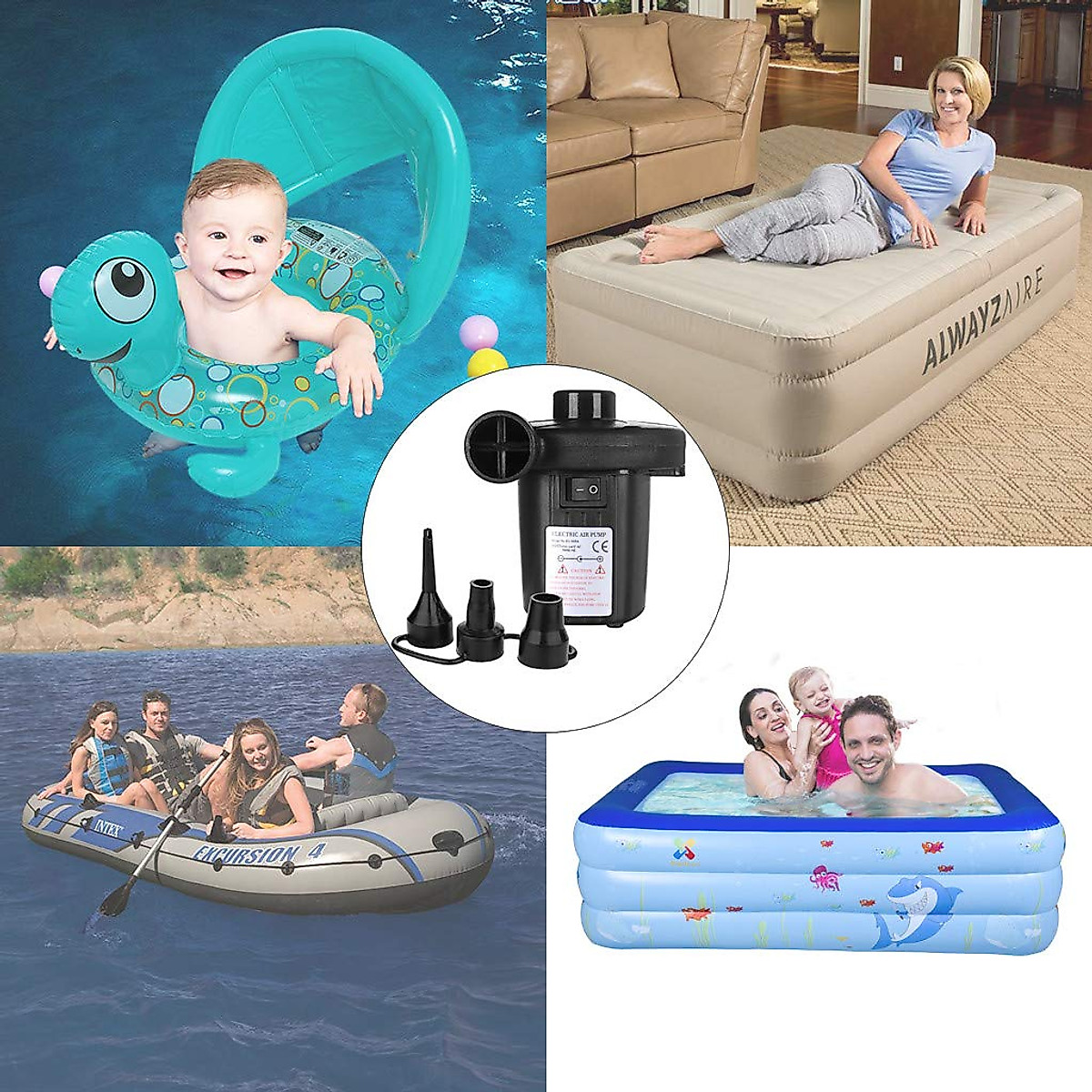 IEasⓄn Air Pump, Car Home Dual-use Air Pump Air Mattress Pump for Inflatable Blow up Pool Raft Bed Boat Toy Exercise Ball AC Inflator Deflator with 3 Nozzles,100-240V (Black)