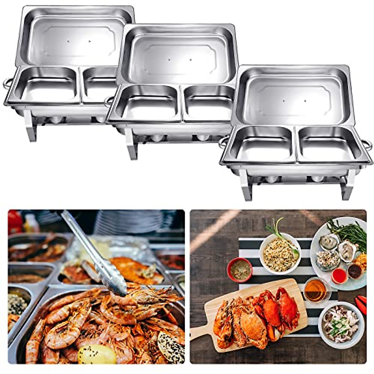 3 Packs Chafing Dishes Buffet Set, 8 Quart Buffet Servers and Warmers, Chaffing Servers Stainless Steel with 2 Half Size Food Pans, Rectangular Food Warmers for Parties Buffets