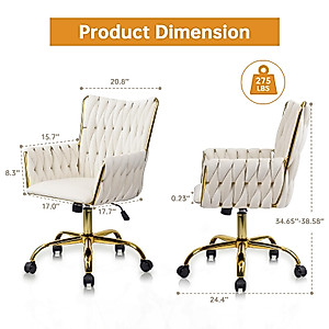 CLATINA Velvet Home Office Chair, Modern Ergonomic Swivel Vanity Chair with Arm and Wheels, Mid Back Desk Chair with Gold Base for Computer Study Makeup Living Room Bedroom, White (White, 1 PK)