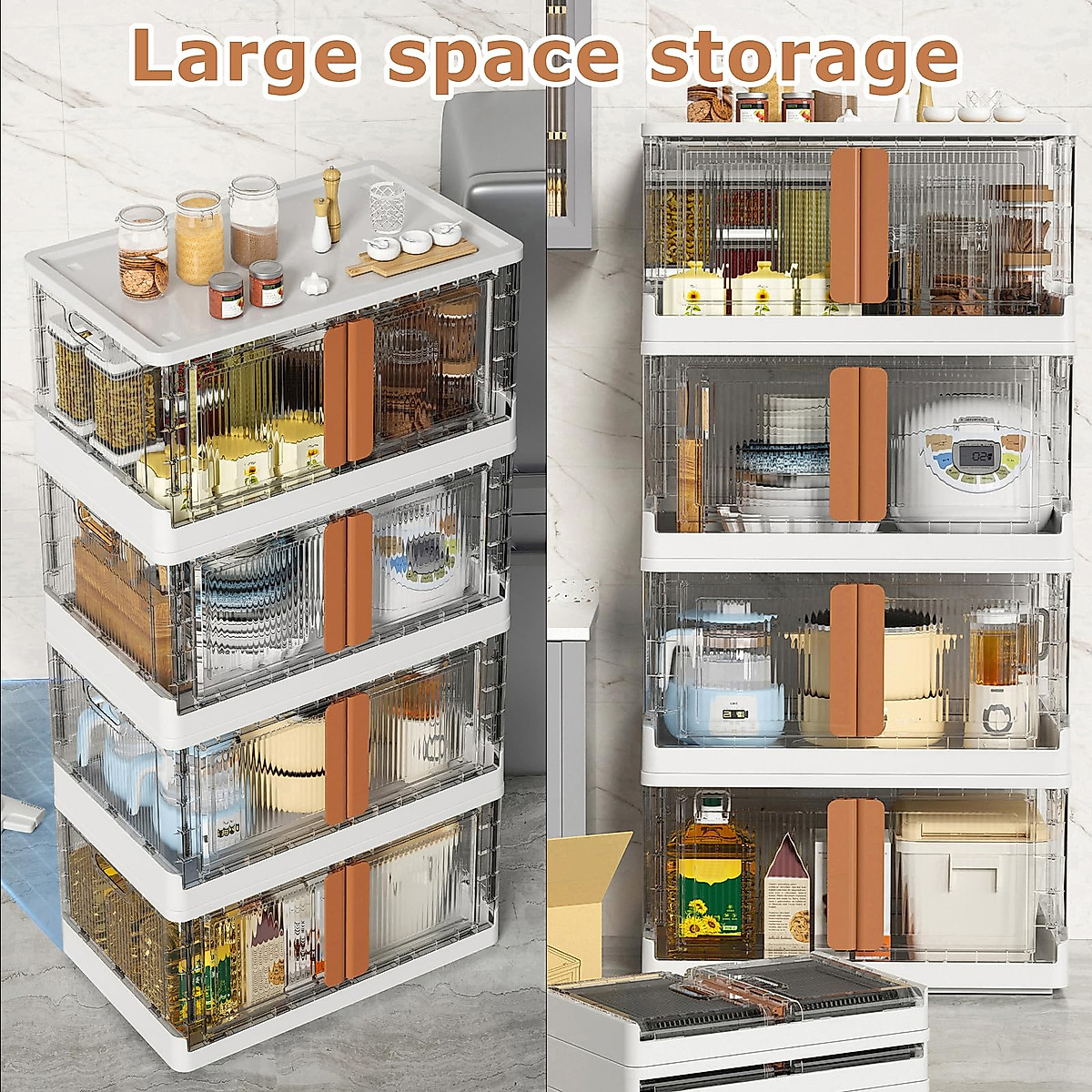 Storage Bins with Lids, Foldable Storage Bins, Clear Grey Wardrobe Closet Organizer, 8.4Gal Stackable Toy Storage, Collapsible Plastic Storage Container with Door, Crate for Book Storage(6 Pack)