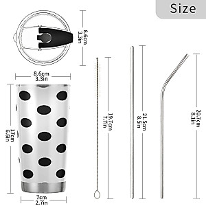 ALAZA White Black Polka Dot Water Bottle Tumbler with Lid and Straws 20 Oz Stainless Steel Vacuum Insulated Coffee Travel Mug Cup
