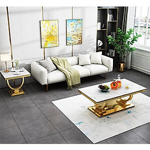 SSLine Modern White Faux Marble End Table Luxury Square Sofa Side Table with Gold Pedestal Base Mid-Century Elegant Bedside Table w/Mirrored Stainless Steel Frame Legs for Living Room Bedroom