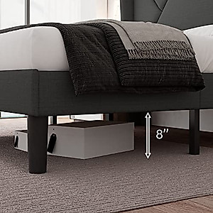 iPormis Queen Size Modern Wingback Bed Frame, Geometric Upholstered Platform Bed with 24" Headboard, 8" Storage Space, Wood Slats Support, No Box Spring Needed, Dark Grey