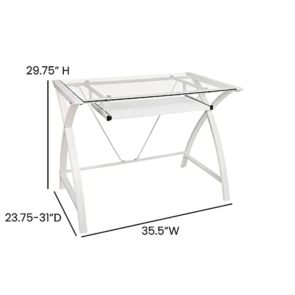 Flash Furniture Clear Tempered Glass Computer Desk with White Pull-Out Keyboard Tray and White Crisscross Frame