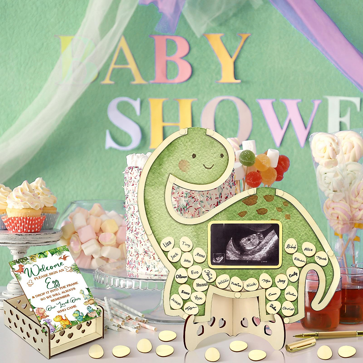 Wenqik 63 Pcs Baby Shower Guest Book Alternatives Set Baby Shower Guestbook with Photo Frame Baby Sonogram Frame Keepsake 60 Wood Slices Guest Book for Birthday(Dinosaur)