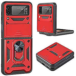 ONOLA for Galaxy Z Flip 3 Case with Slide Camera Cover, with 360°Rotate Ring Magnetic Kickstand Military Heavy Duty Protective Case for Samsung Galaxy Z Flip 3 5G (Red)