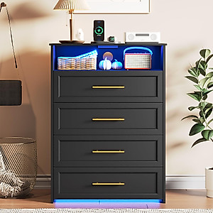 AOGLLATI Black Dresser for Bedroom with Charging Station, Chest of Drawer with Dual Led Light,4 Drawer Dresser, Modern Bedroom Led Wood Wide Dresser for Bedroom