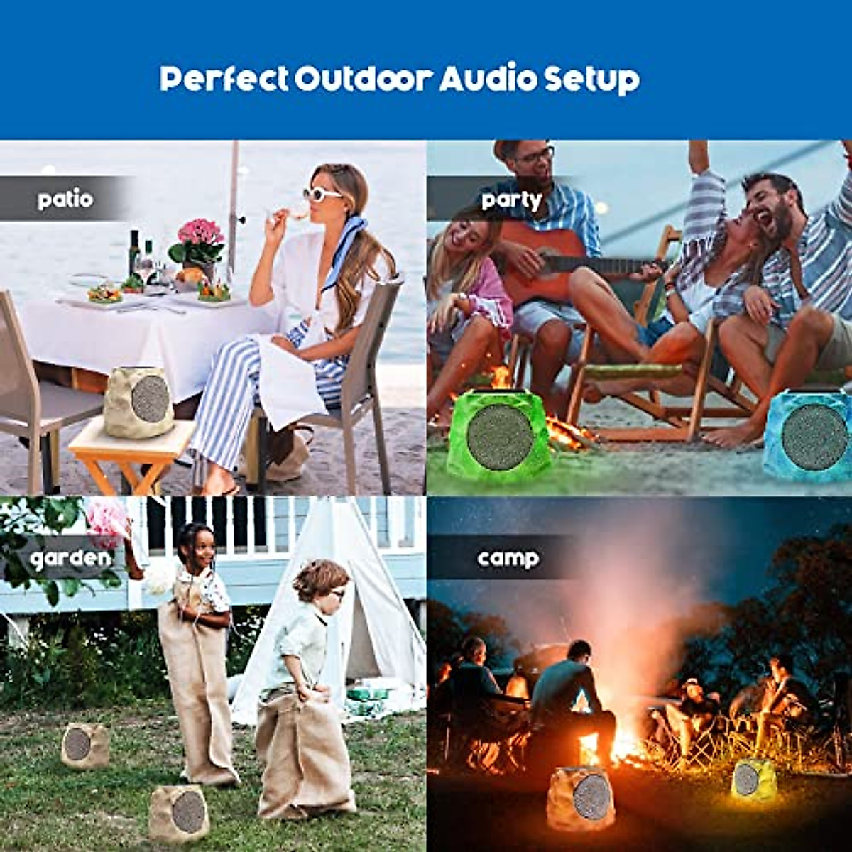 Rock Speakers Outdoor Waterproof Wireless Bluetooth Solar Powered Outdoor Rock Speaker Rechargeable Battery Bluetooth Rock Speakers with 7 Light Colors for Patio Party Pool Garden - 2PC