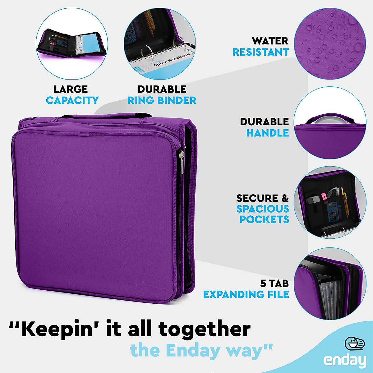 Enday 2 Inch Zipper Binder - 880 Sheet Capacity, 5 Pockets, Expanding File Folder with Durable Handle, Multiple Pockets School Binder Organizer, Purple