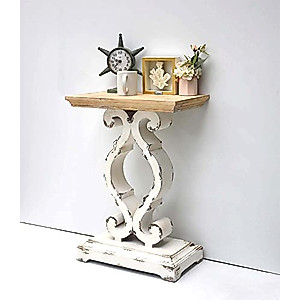 French Country Accent Wood Rectangle End Table, Farmhouse Rustic Wood Side Table with Natural Wood Top and Distressed White Carved Base, Vintage Table for Slim Spaces, 19.75 x 11.75 x 27.5 Inches