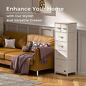 HUWAILE Fabric Dresser, 6-Drawer Tall Dresser for Bedroom, Vertical Dressers & Chests of Drawers with Wooden Top Metal Frame for Clothes, Kids Room, Living Room, Hallway, Entryway (White)