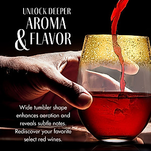 Kitchen Lux 18 oz Gold Rimmed Wine Glass - Unique Stemless Wine Glasses Set of 4 - Accented Rim - Large Gold Drinking Glass Cocktail Tumblers - Deluxe Glassware Gift Box for Christmas, Dishwasher Safe